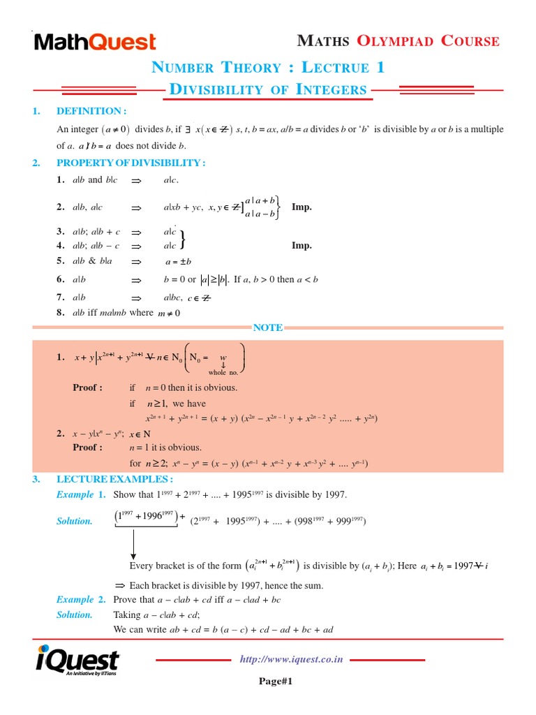 Lecture Notes Number Theory First Three Lectures Pdf Division Mathematics Integer