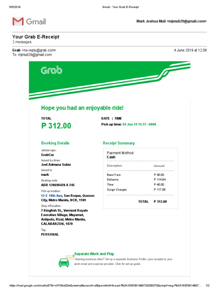 Gmail Your Grab E Receipt PDF Metro Manila Business