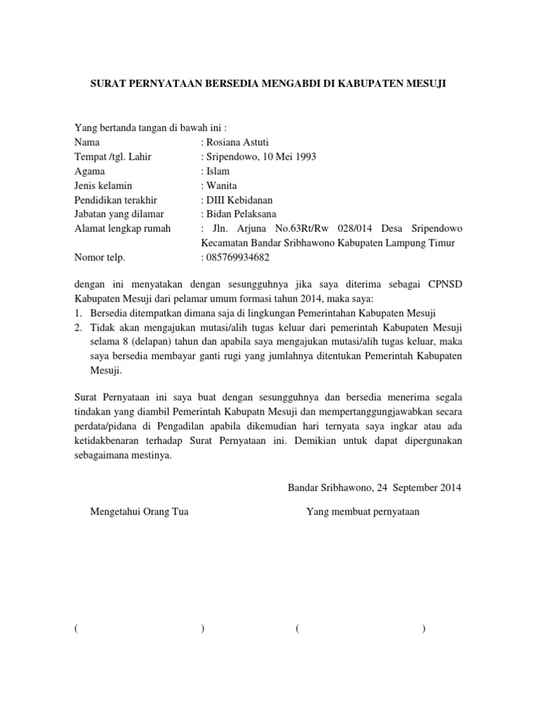 Surat Pernyataan Bersedia Mengabdi Di Kabupaten Mesuji | PDF
