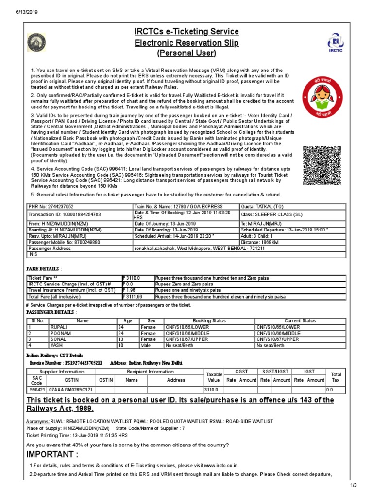 Irctcs E-Ticketing Service Electronic Reservation Slip (Personal User ...
