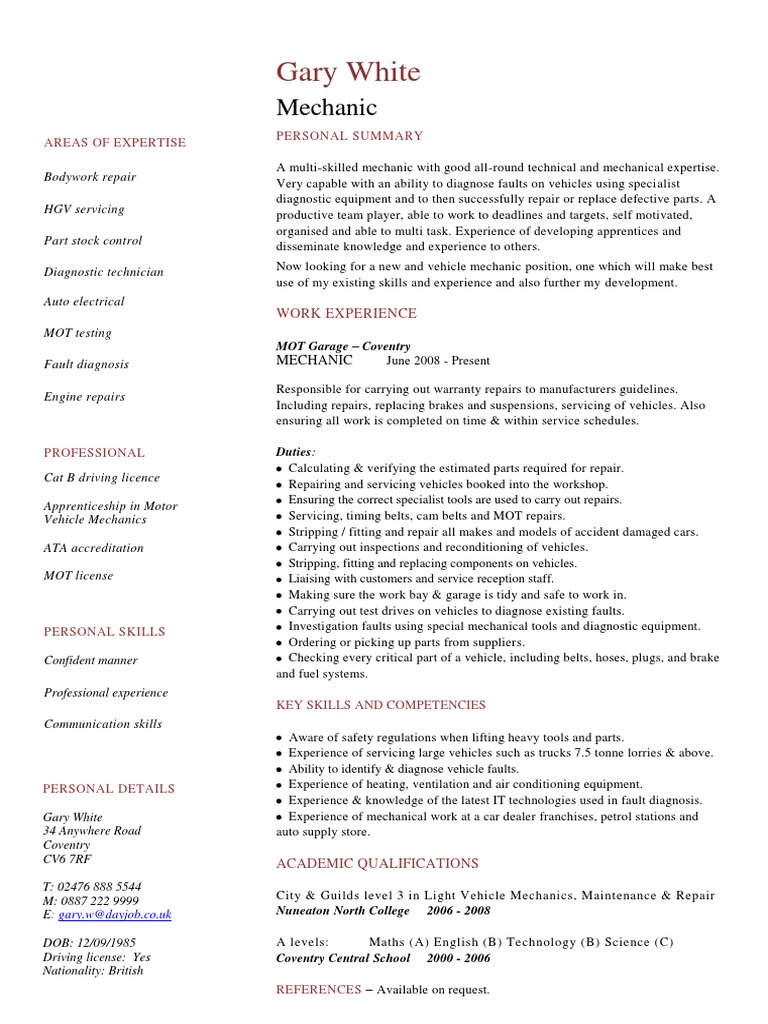 Mechanic CV Template PDF | PDF | Vehicles | Apprenticeship