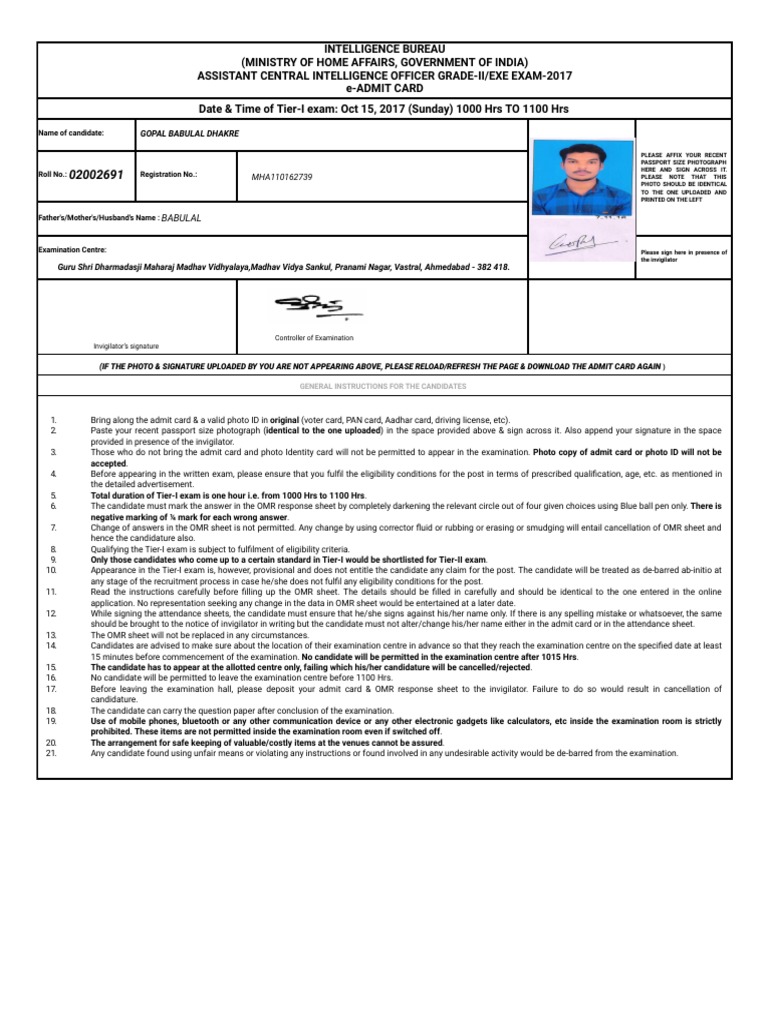 Admitcard IB | PDF | Identity Document | Government And Personhood