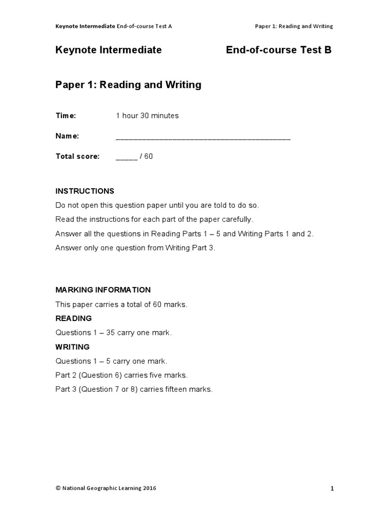 Keynote Intermediate End-Of-course Test B | PDF | Waiting Staff | Human