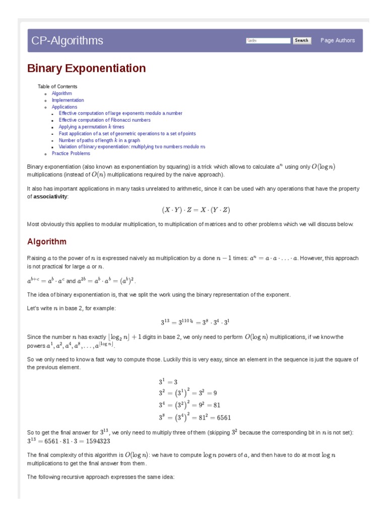 Binary Exponentiation Guide | PDF | Multiplication | Exponentiation