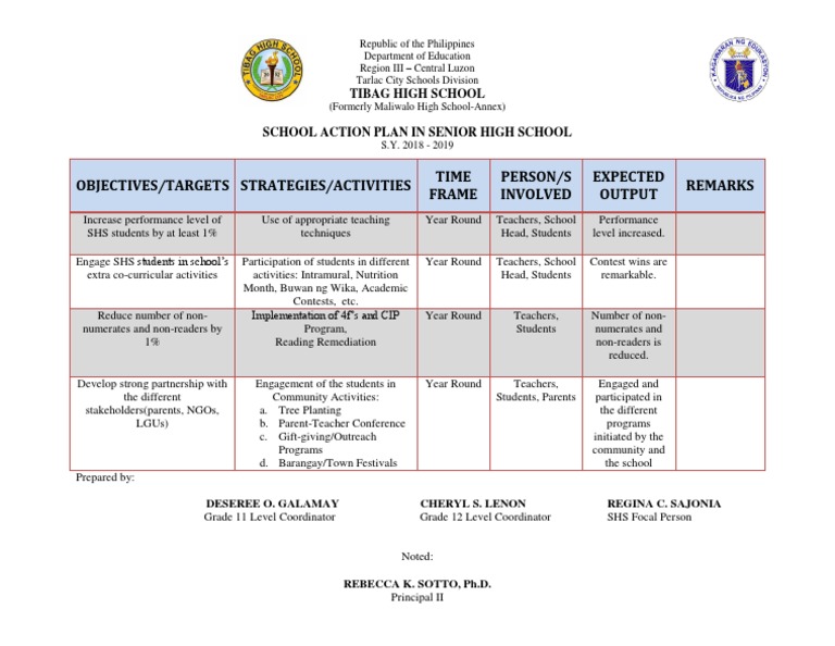 Objectives/Targets Strategies/Activities Time Frame Person/S Involved Expected Output Remarks ...
