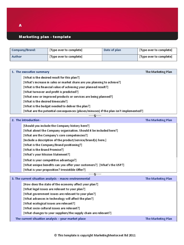 A Marketing plan - template: Company/Brand: Date of plan Author ...