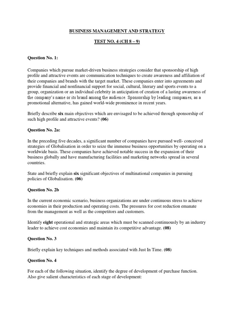 Business Management and Strategy TEST NO. 4 (CH 8 - 9) | Download Free ...