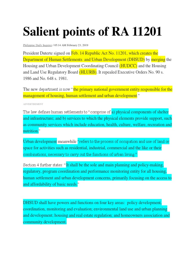 Salient Points of RA 11201 - An Act Creating The Dept of Human ...