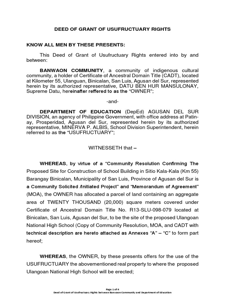 Deed of Grant of Usufructuary Rights | PDF | Ownership | Deed
