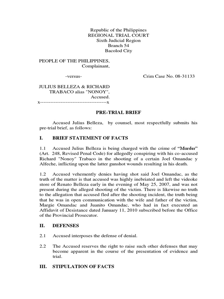 Pre-Trial Brief for Murder Case | PDF | Prosecutor | Criminal Justice