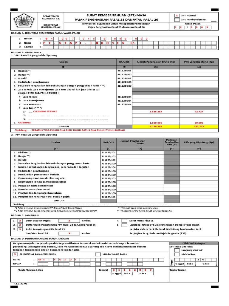 Form SPT Masa PPH Pasal 23 Bukti Potong | PDF