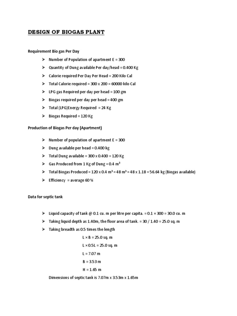 Design of Biogas Plant: Requirement Bio Gas Per Day | PDF | Biogas ...