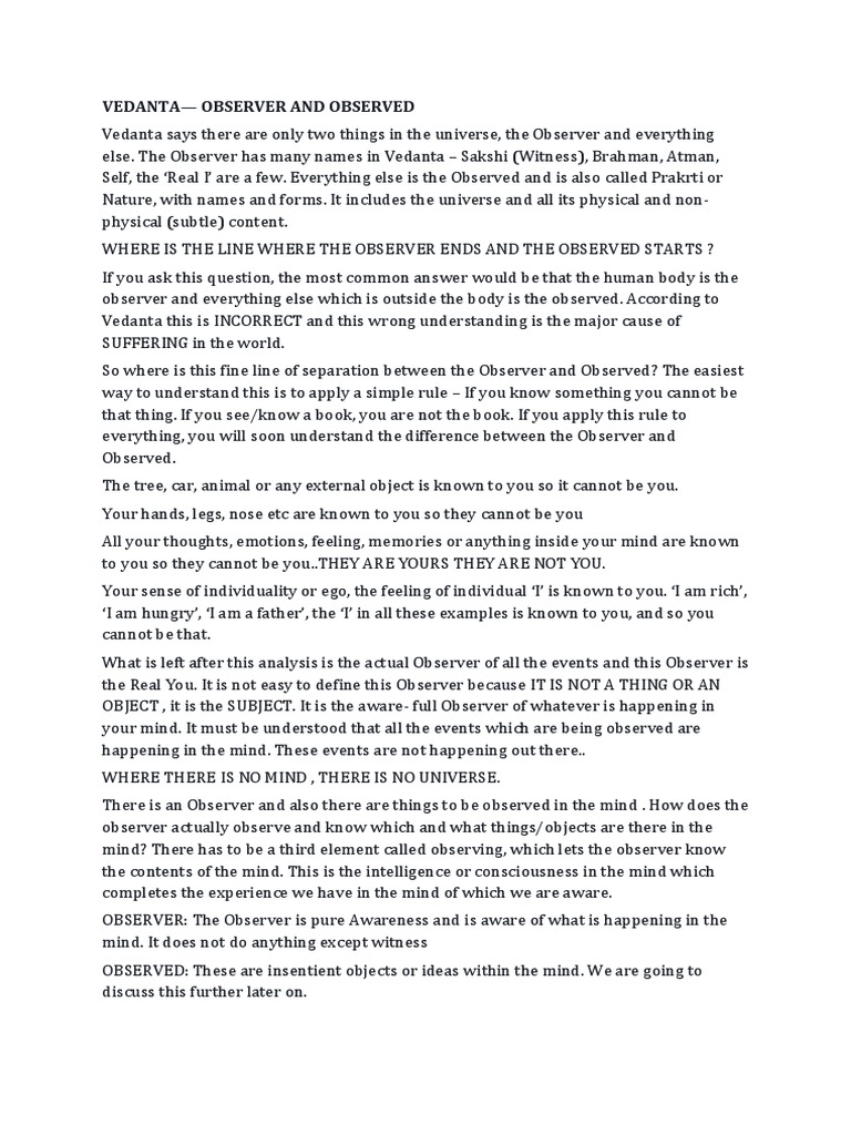 Vedanta Observer And Observed Pdf ﾄ Tman Hinduism Mind