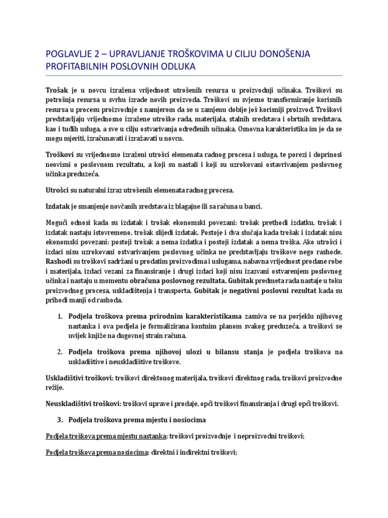 Poglavlje 2 - Upravljanje Troškovima U Cilju Donošenja Profitabilnih Poslovnih Odluka | PDF