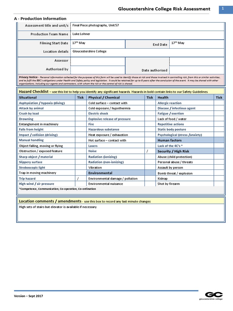 GC Risk Assessment 1 | Download Free PDF | Hypothermia | Risk