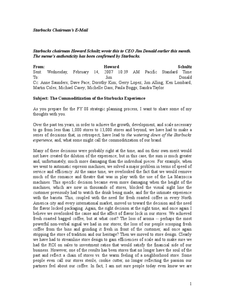 Schultz's Memo on Starbucks Experience | PDF | Starbucks | Coffee