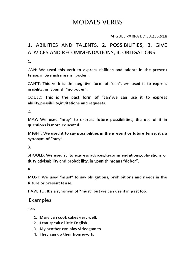 Modals Verbs: 1. Abilities and Talents, 2. Possibilities, 3. Give ...