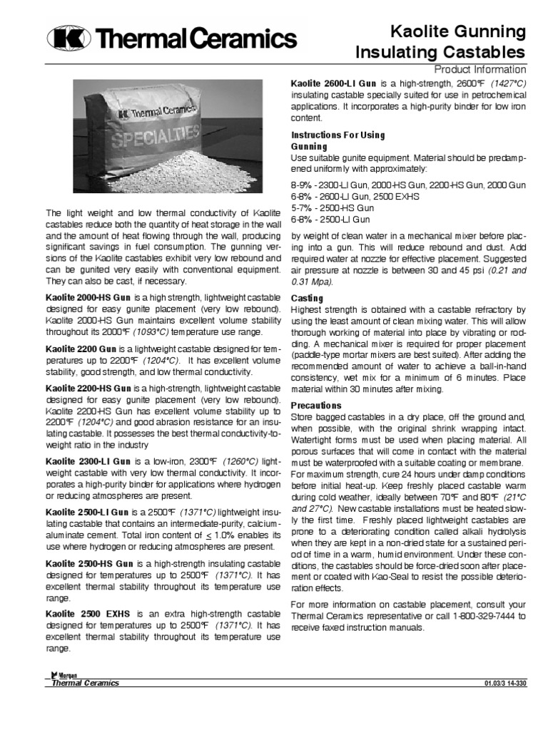 Castable Aislante Kaolite Gunning | PDF | Refractory | Materials