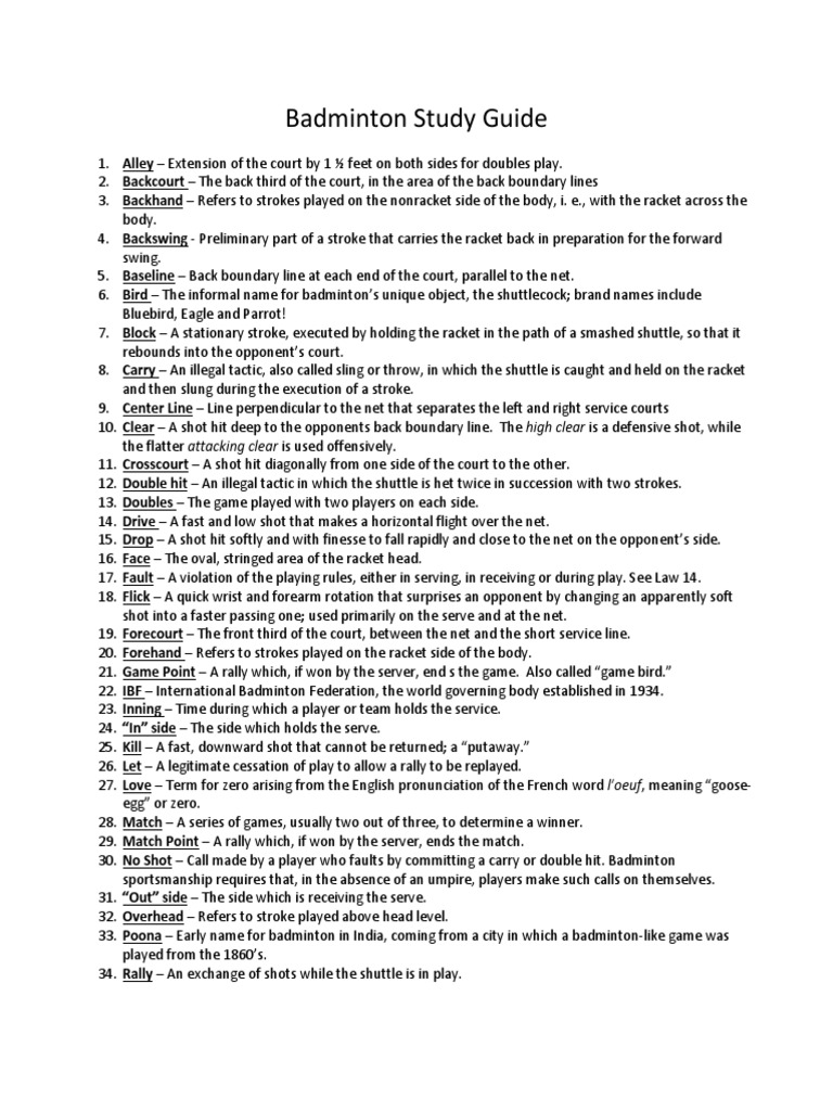 Badminton Study Guide | PDF | Ball Games | Leisure
