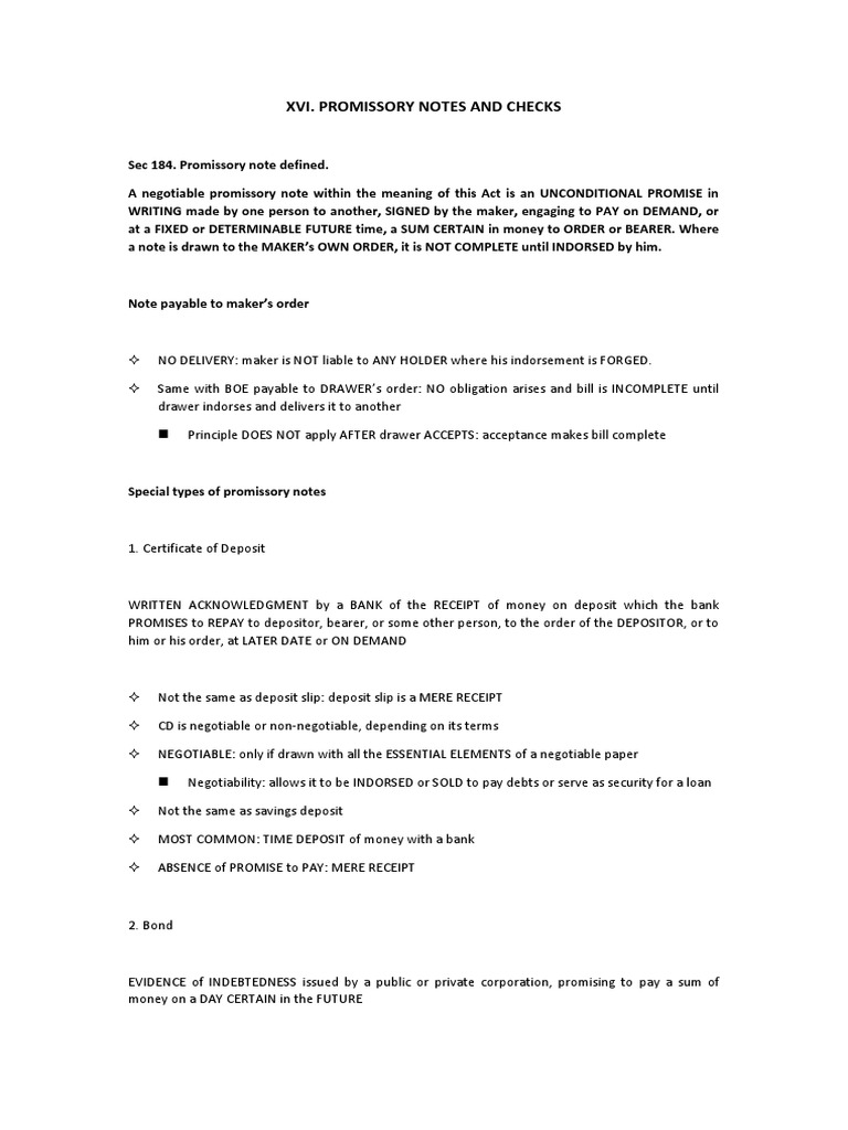 Xvi. Promissory Notes and Checks | PDF | Cheque | Promissory Note