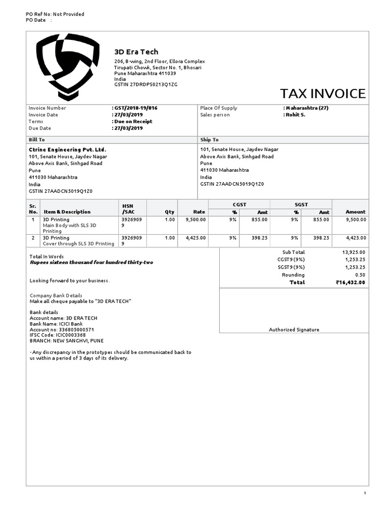 Tax Invoice from 3D Era Tech for 3D Printing Services Provided to ...