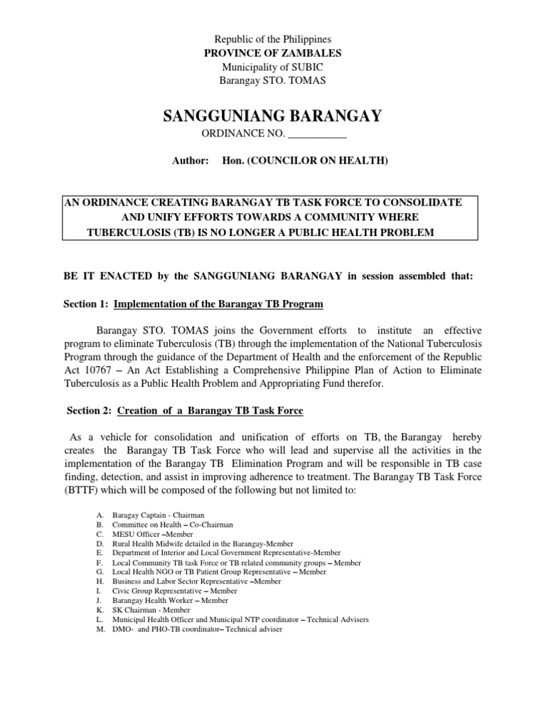 STO TOMAS Brgy TB Task Force BTTF | PDF | Tuberculosis | Government