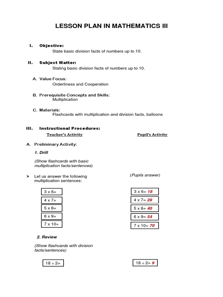 Lesson Plan in Mathematics III | PDF | Division (Mathematics) | Teaching