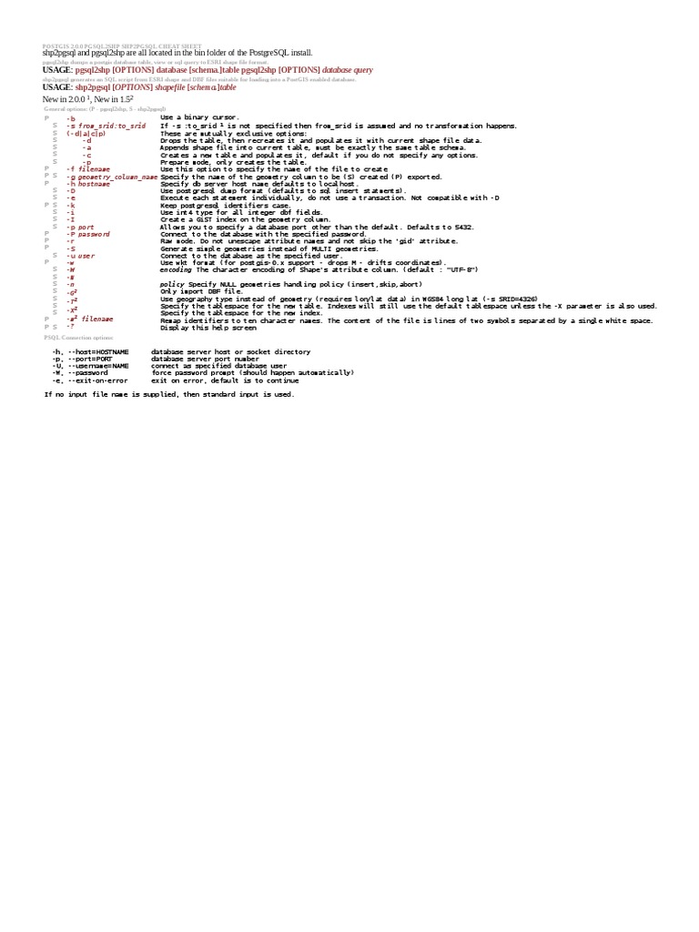 PostGIS 2.0 Pgsql2shp Shp2pgsql Command Line Cheatsheet | PDF | Postgre ... PostGIS 2.0 Pgsql2shp Shp2pgsql Command Line Cheatsheet | PDF | Postgre ...
