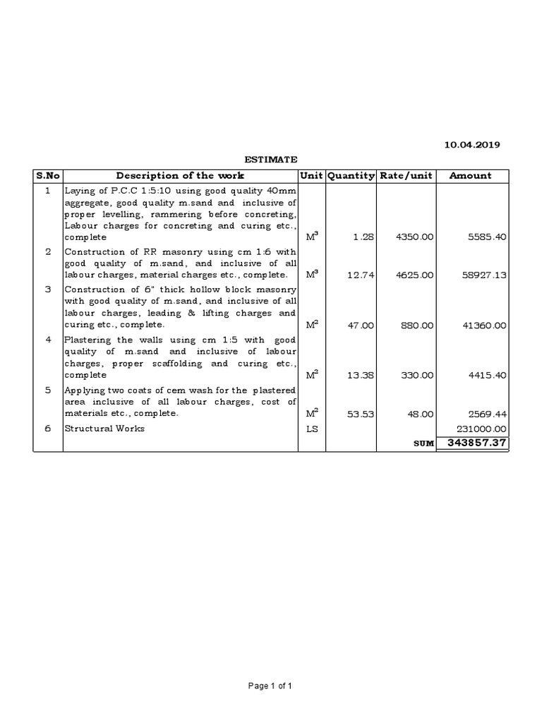 Estimate for Construction of Building Including Masonry Work ...