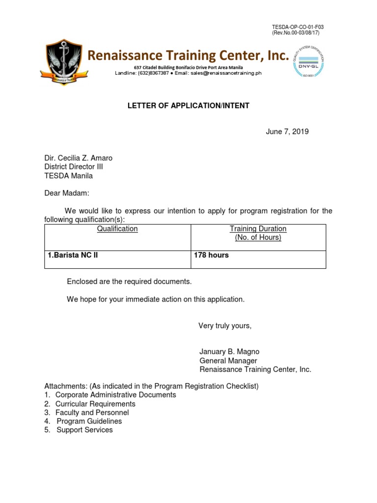 Renaissance Training Center, Inc.: Letter of Application/Intent | PDF