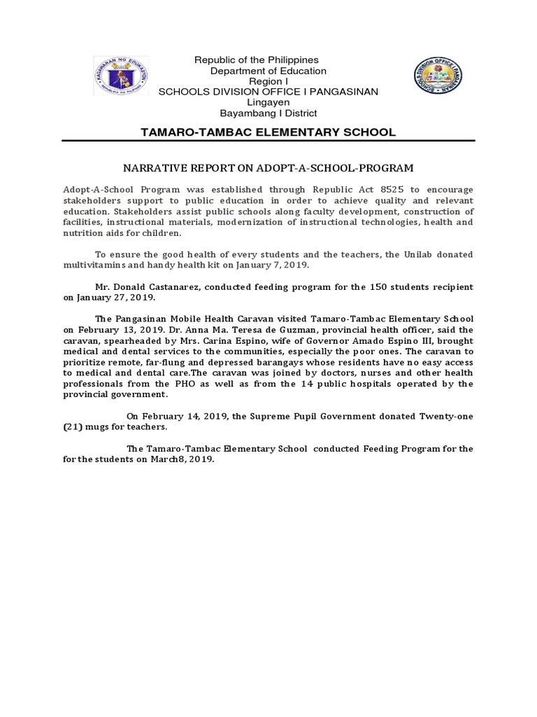 Tamaro-Tambac Elementary School: Narrative Report On Adopt-A-School ...