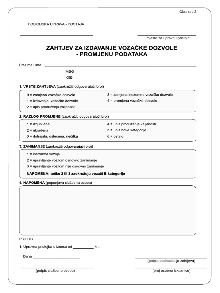 Obrazac Vozacka Dozvola PDF | PDF