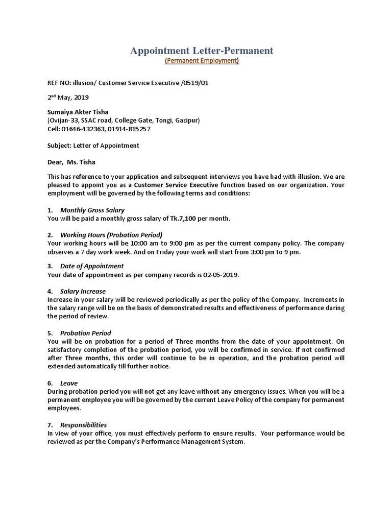 Permanent Appointment Letter | PDF | Employment | Salary