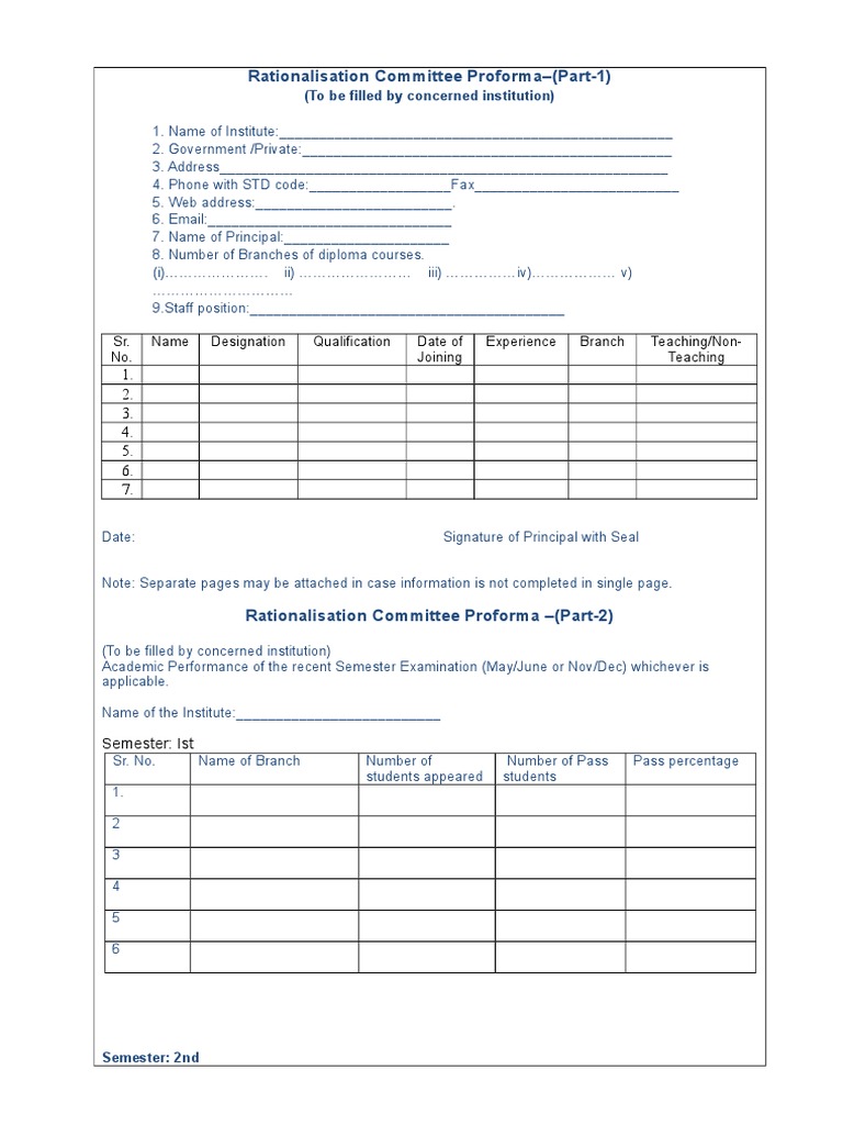 Rationalisation Committee Proforma - (Part-1) : (To Be Filled by Concerned Institution) | PDF ...