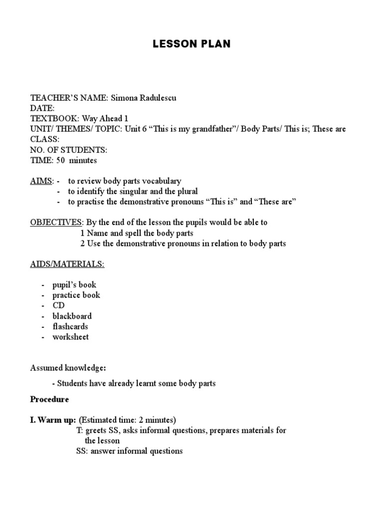 Lesson Plan: Procedure I. Warm Up: (Estimated Time: 2 Minutes) | PDF ...