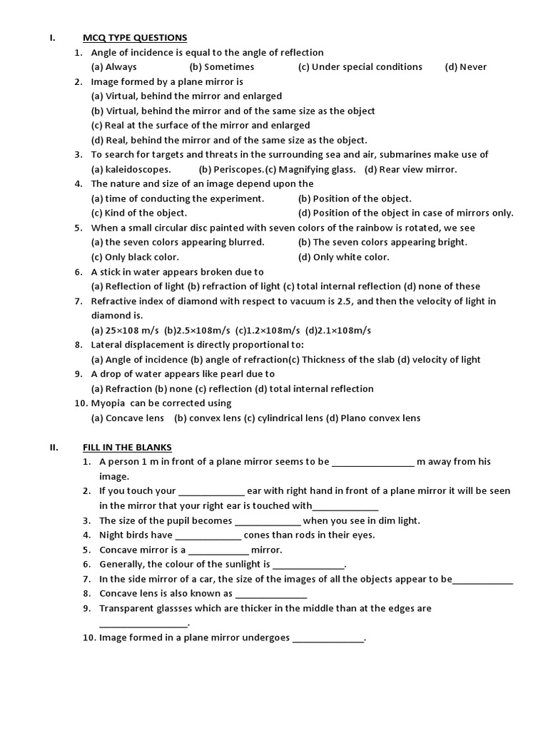 MCQ Type Questions | PDF | Lens (Optics) | Reflection (Physics)