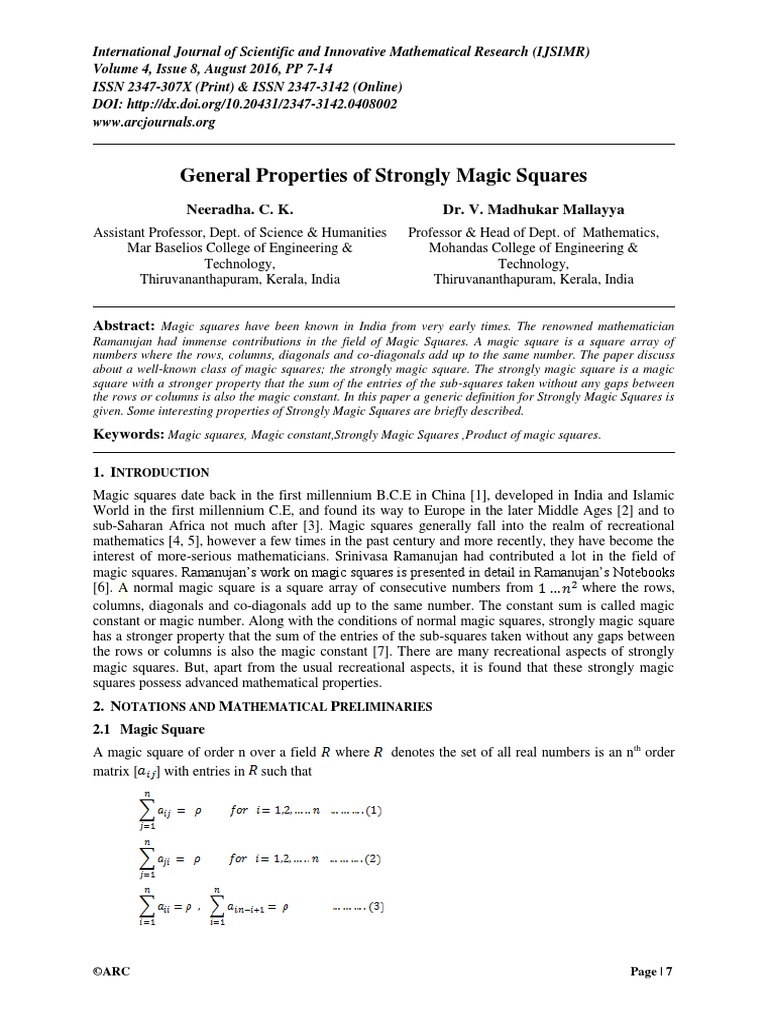 General Properties of Strongly Magic Squares: Neeradha. C. K. Dr. V ...