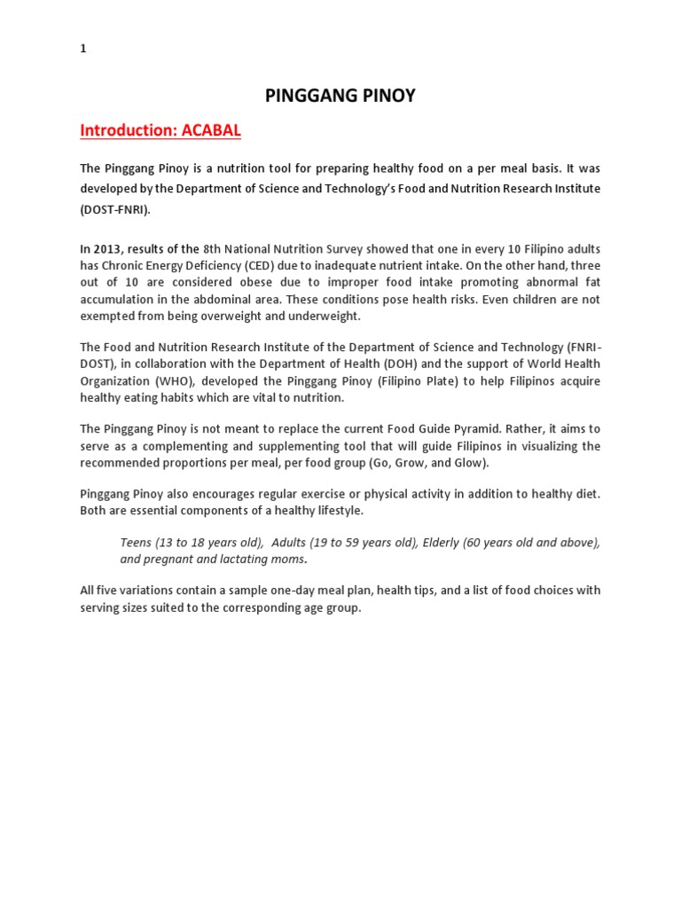 Pinggang Pinoy | PDF | Foods | Nutrition