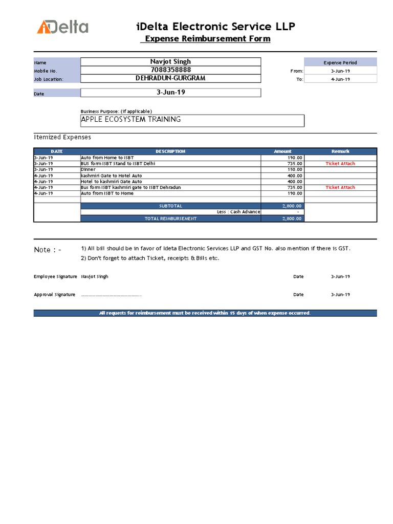 Navj Idelta Expenses Reimbursement Expenses Format | PDF | Payments ...