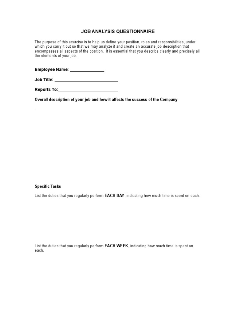 Job Analysis Questionnaire: Employee Name: Job Title: Reports To | PDF ...