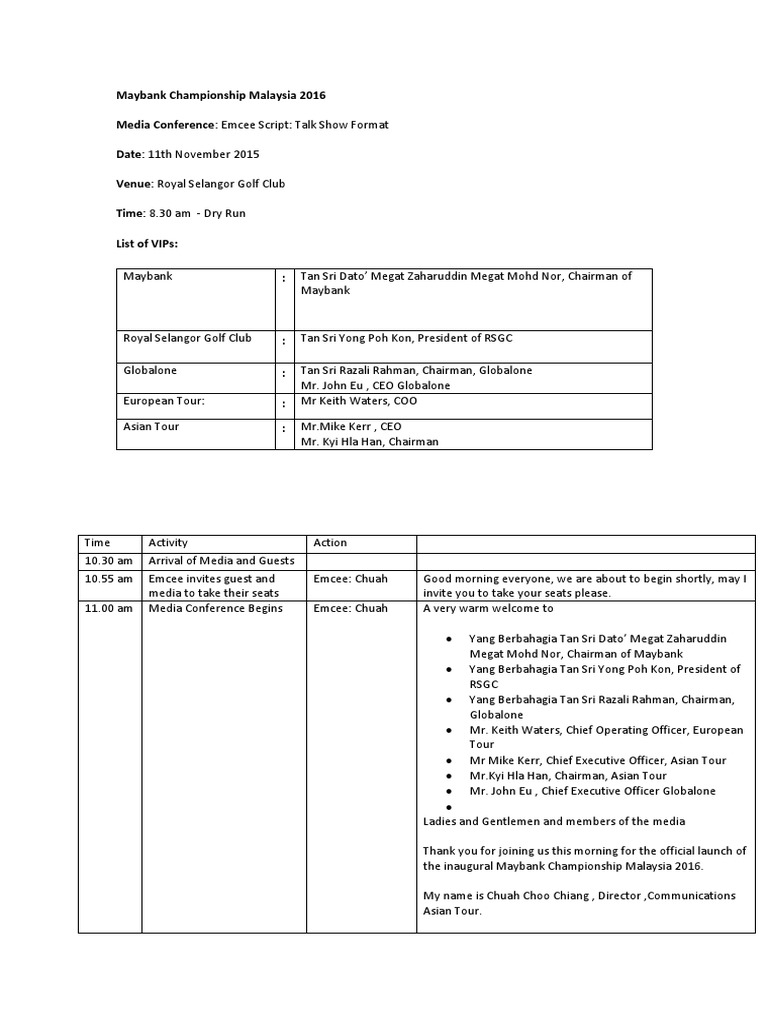 Maybank Championship Malaysia 2016 Emcee Script Final PDF | PDF ...