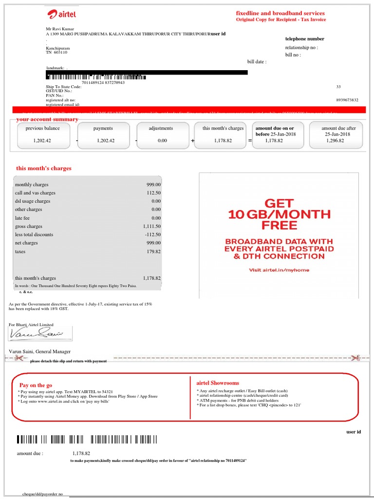 Airtel Broadband Bill | PDF | Invoice | Cheque
