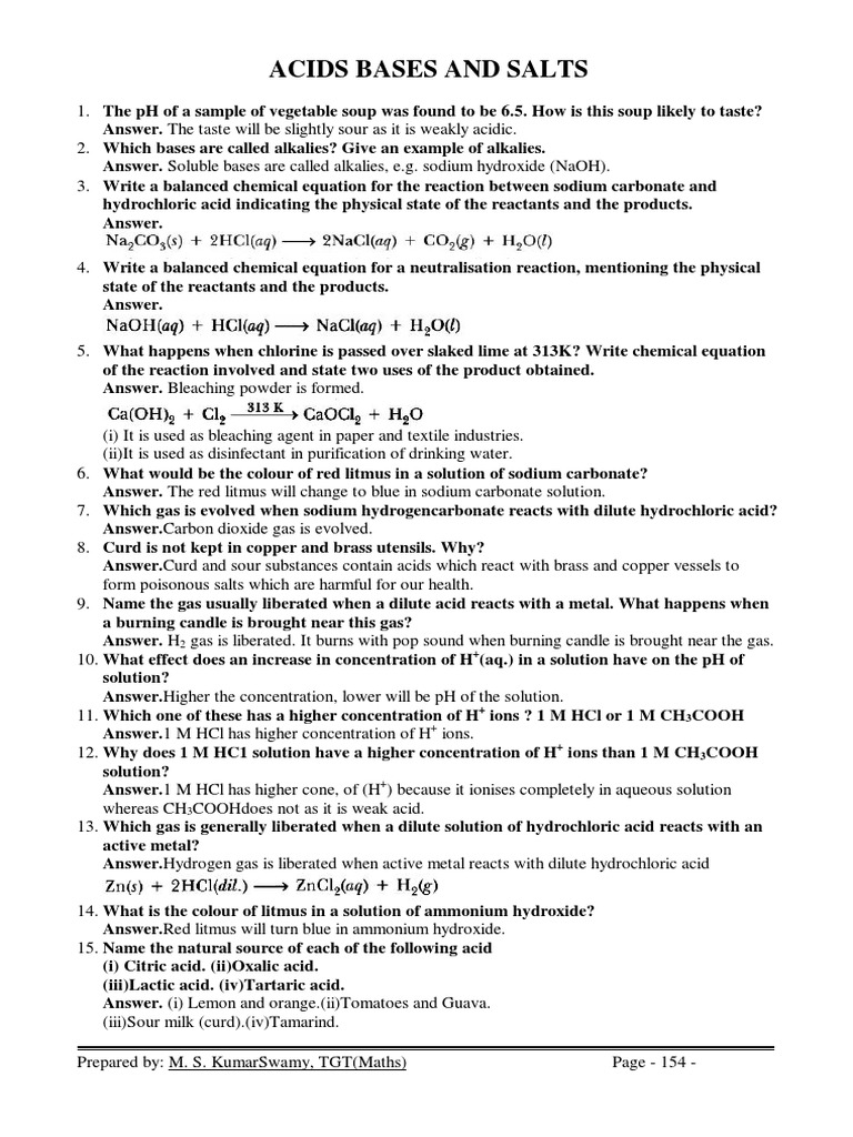 13 Acids Bases and Salts Chapter Wise Important Questions | PDF ...