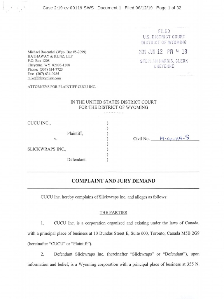 CUCU v. Slickwraps - Complaint | PDF