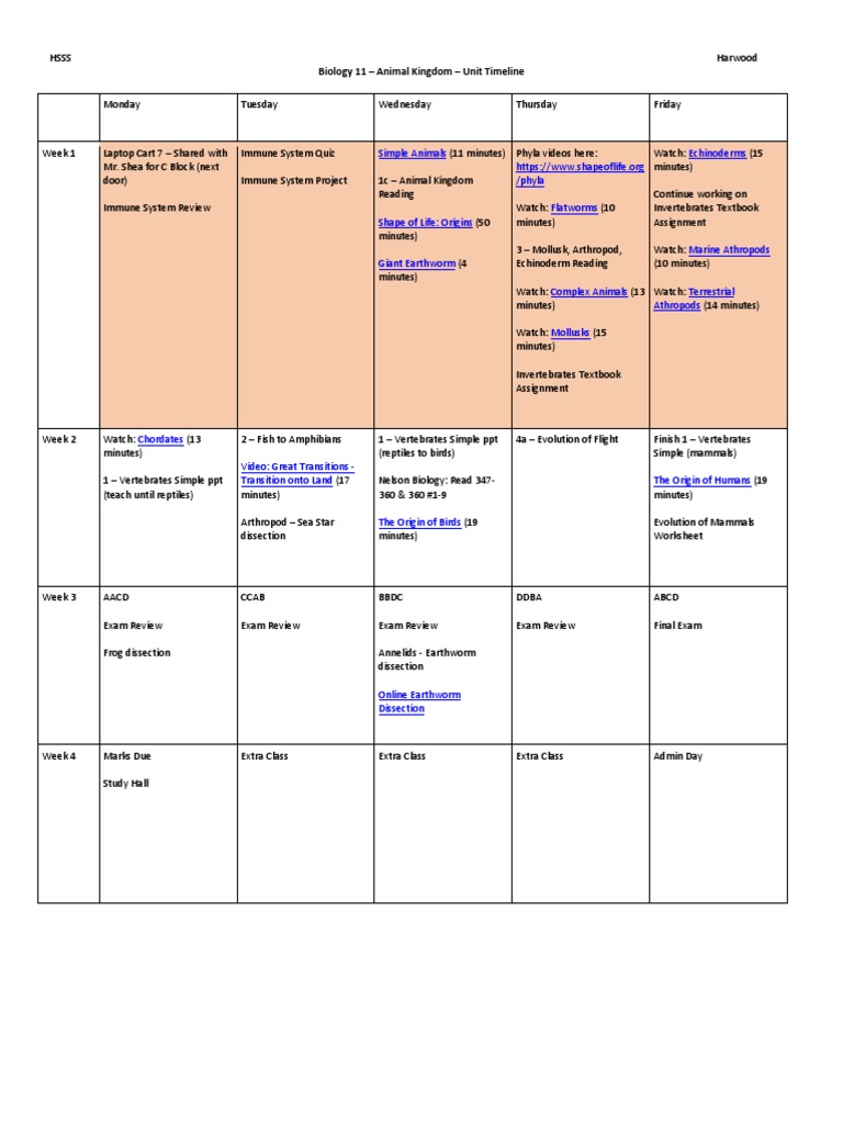 Animal Kingdom Unit Timeline | PDF | Invertebrate | Vertebrates