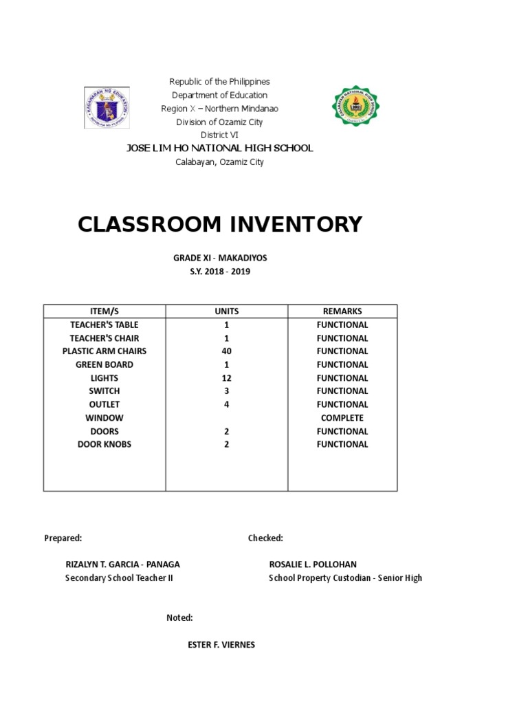 Classroom Inventory - 2018-2019 | PDF | Schools | Learning