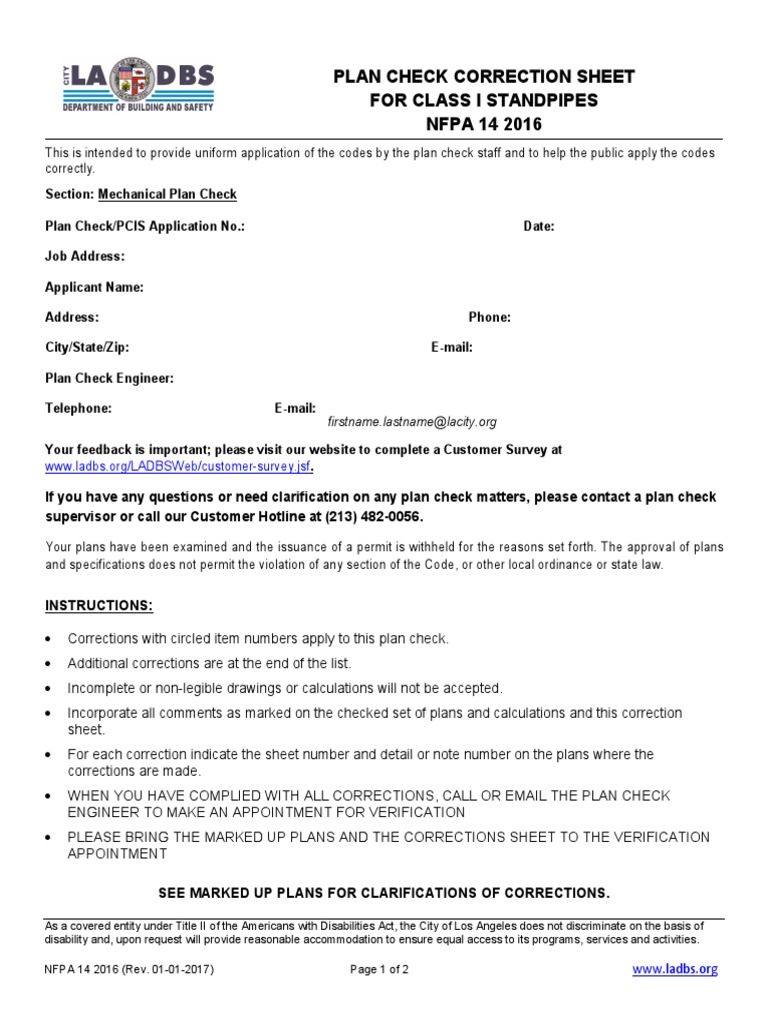 Nfpa 14 2016 Class I STD Pipes Plan Check Correction Sheet | PDF | Fire ...