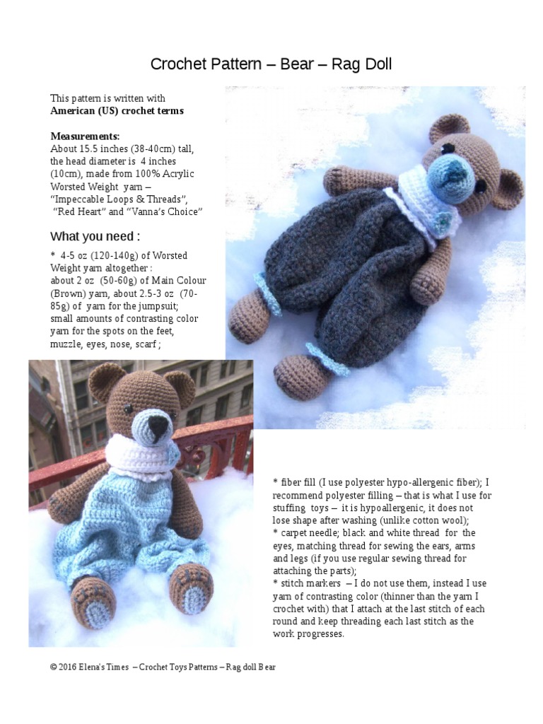 Crochet Pattern - Bear - Rag Doll: What You Need | PDF | Crochet | Yarn
