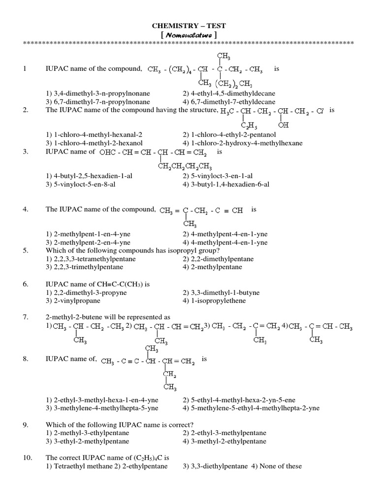 IUPAC Nomenclature Practice Test | PDF | Methane | International Union ...
