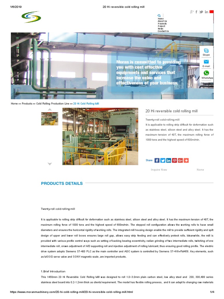 20 Hi Reversible Cold Rolling Mill | PDF | Rolling (Metalworking ...